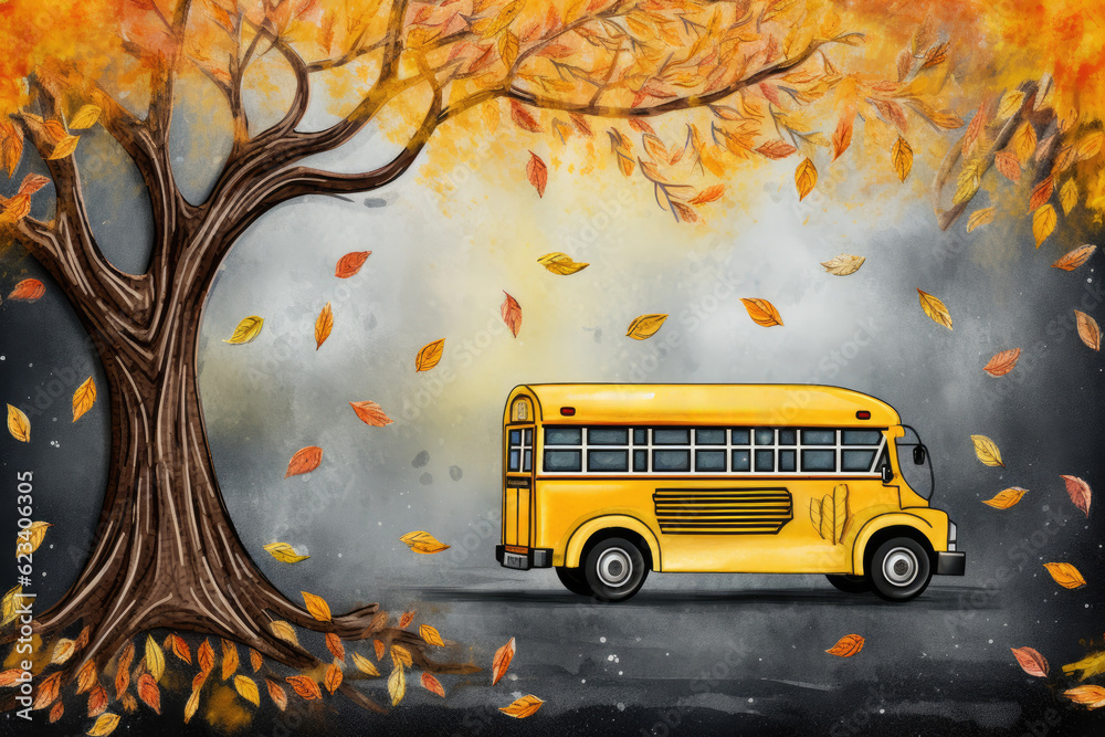 top view banner of yellow school bus, tree, autumn leaves frame ...