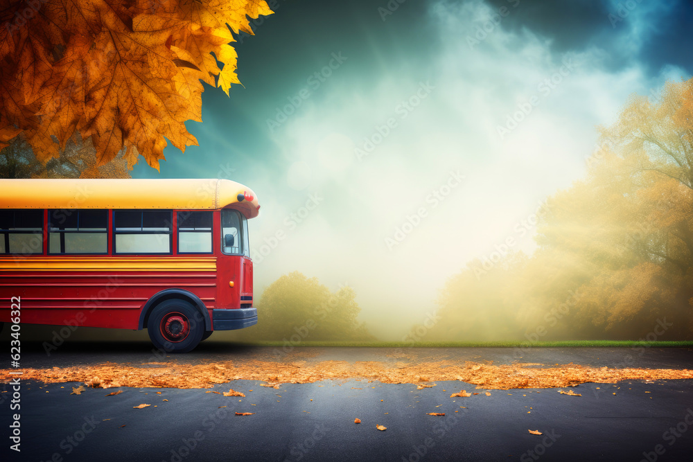 top view banner of yellow school bus, tree, autumn leaves frame ...