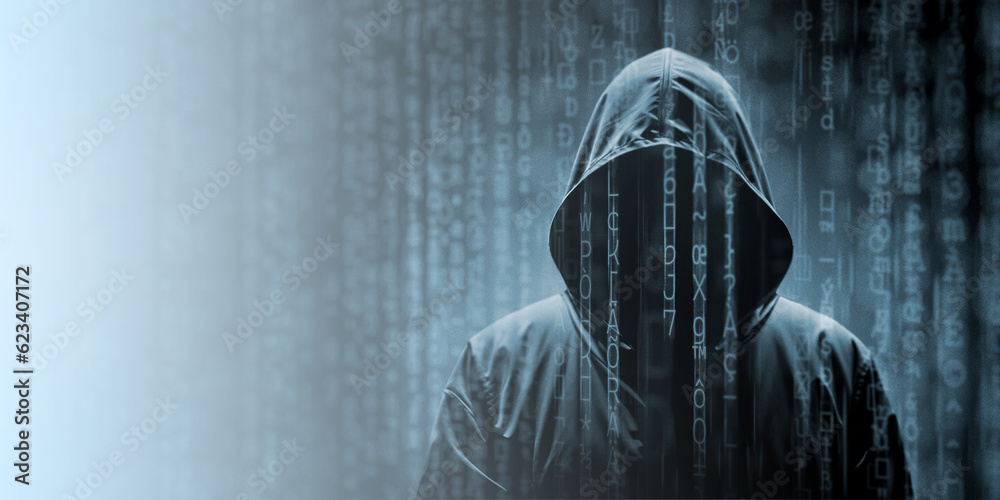 Hacker under a matrix digital rain, mysterious hooded man silhouette ...