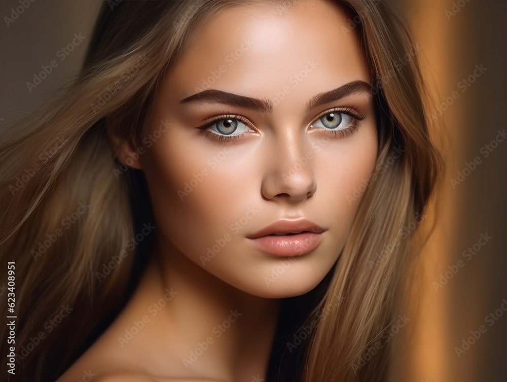 Beautiful woman with brown long curly hair. Portrait of a beautiful ...