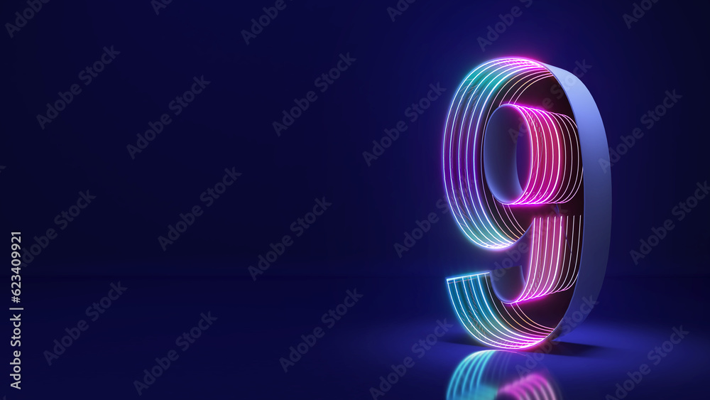 Number nine sci-fi style Neon lights on dark blue background,3d ...