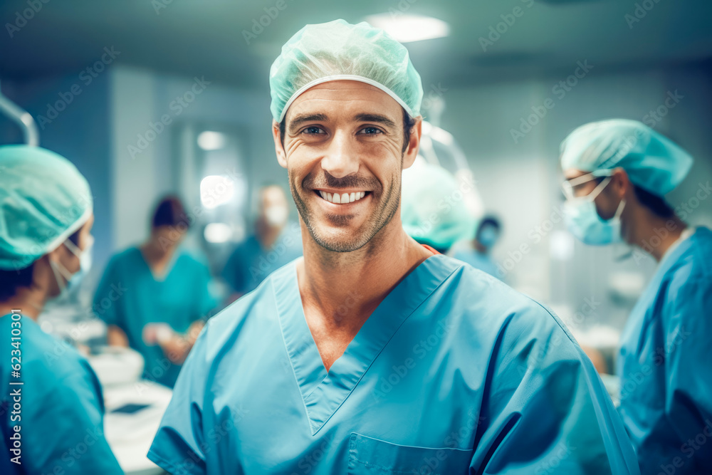 Surgeon man with blue medical uniform smiling in operating room ...