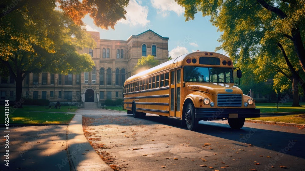 School bus parked in front of a school building, signifying the return ...