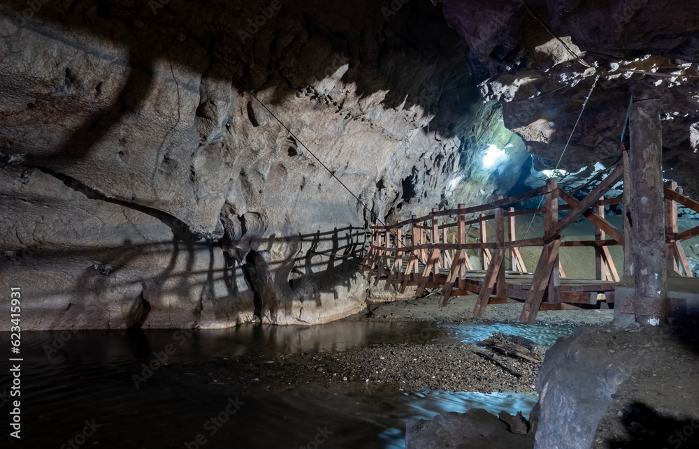 Bridge in Bolii cave ( Pestera Bolii ), near Petrosani city, Hunedoara ...