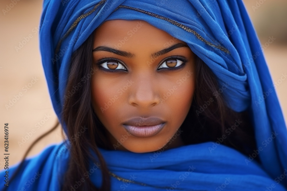 Tuareg woman in authentic national blue dress. Background with ...