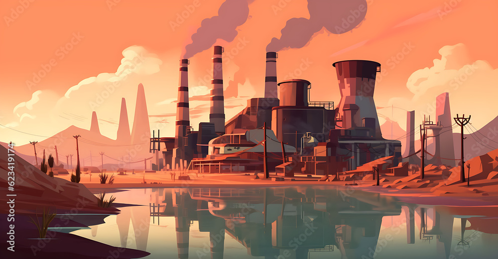 Vector digital illustration of industrial landscape in post-apocaliptic ...