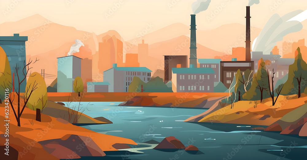 Vector digital illustration of industrial landscape in post-apocaliptic ...