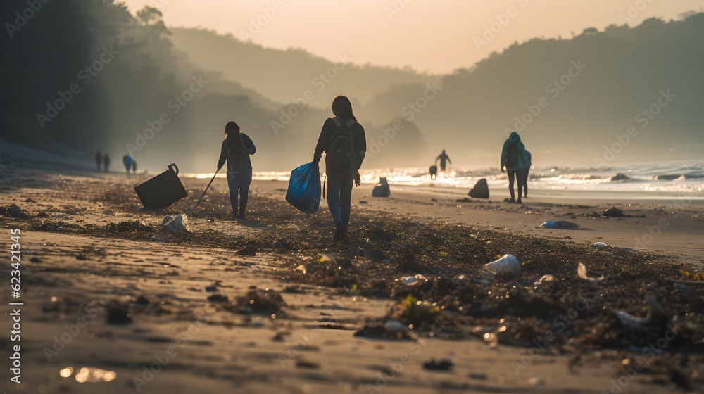 People, children cleaning up garbage on the beach for environmental ...