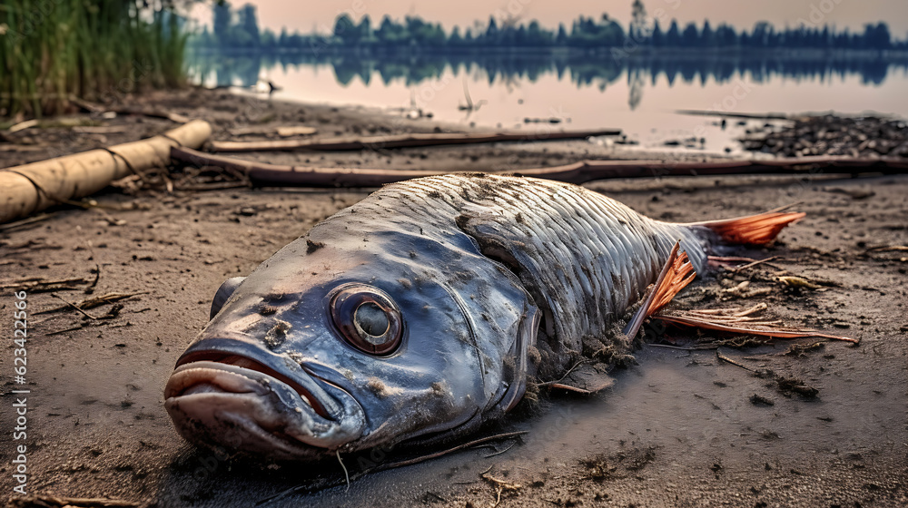 Bloated, dead, poisoned fish lies on the river bank, sunset pink ...