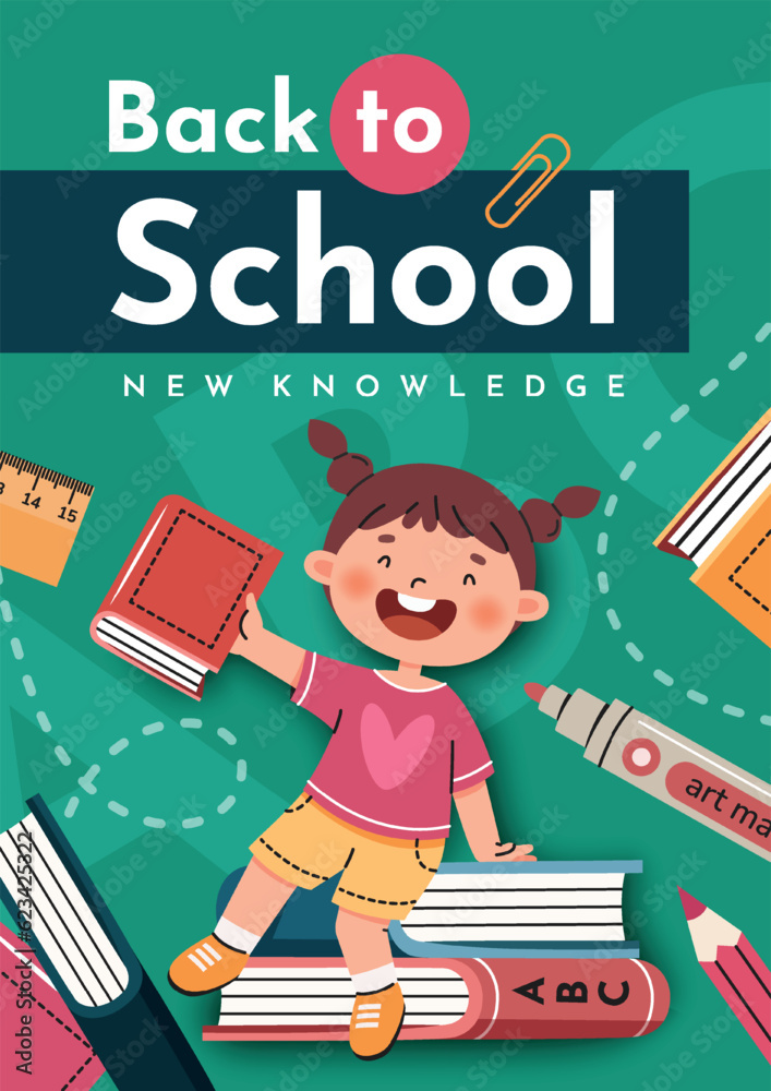 Back to School.School poster with cute girl and books. The girl sits on ...