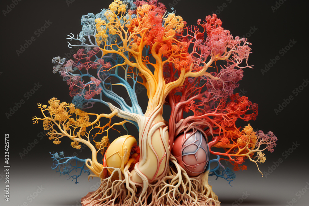 A bronchial tree illustration with color-coded segments, representing ...