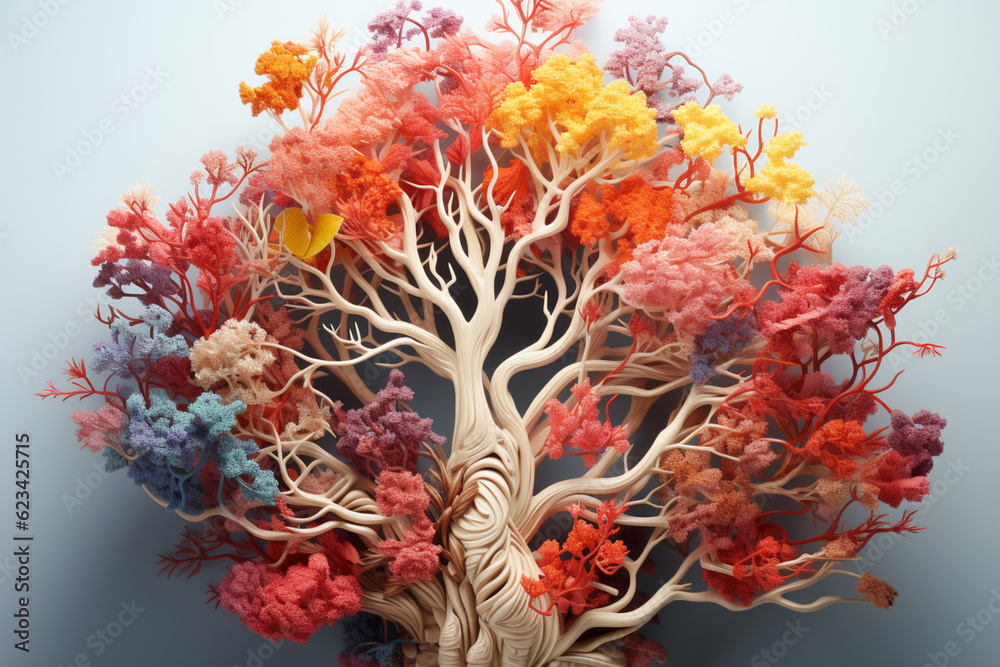 A bronchial tree illustration with color-coded segments, representing ...