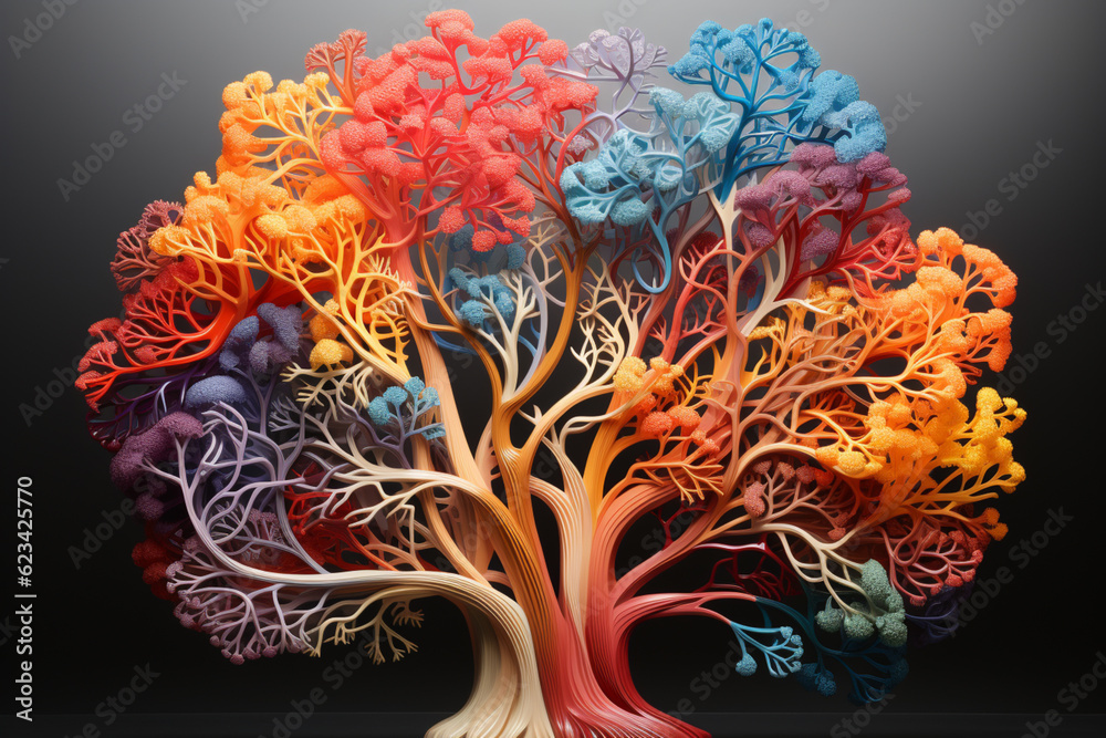 A bronchial tree illustration with color-coded segments, representing ...