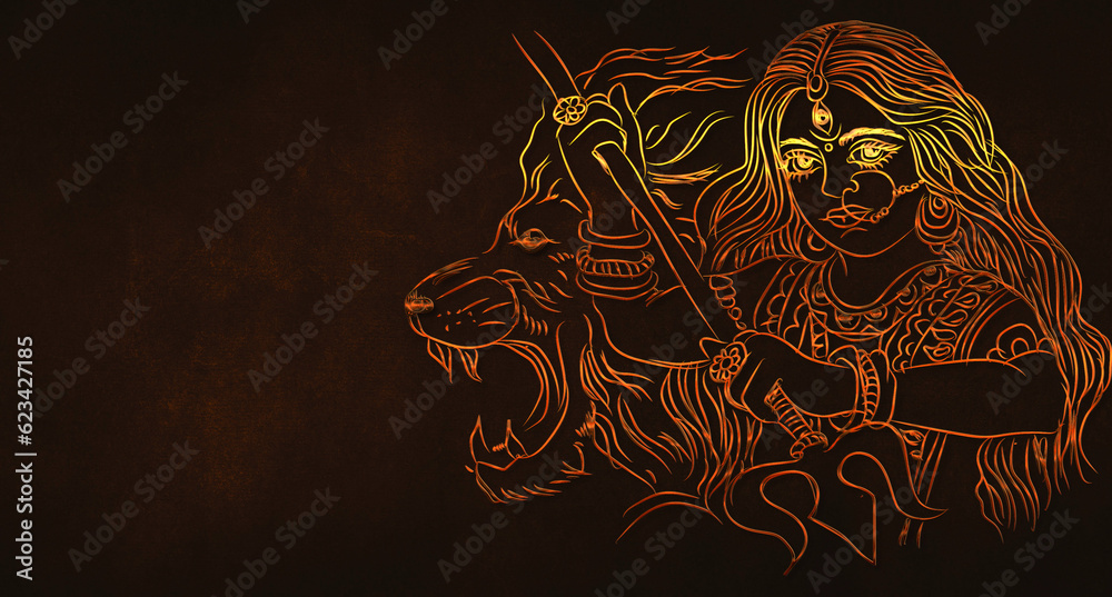 3D neon Durga Maa golden sign isolate dark background Stock ...