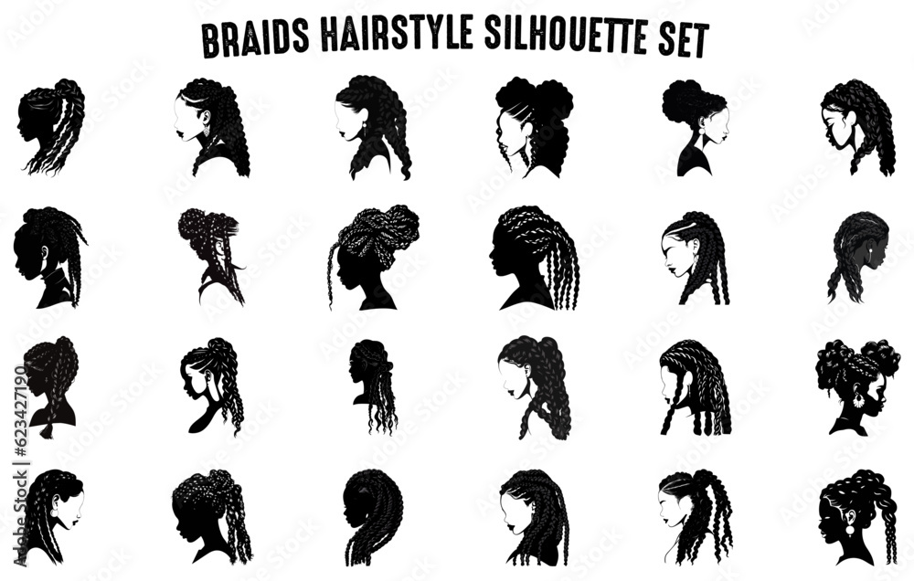Braided hair cut black Silhouette Clip art set, Braids Hair Silhouette Vector bundle Stock ...