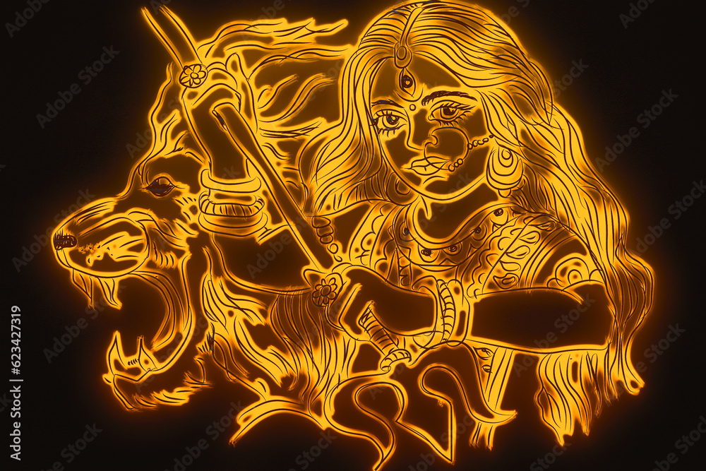 3D neon image, angry maa durga fire sign Stock Illustration | Adobe Stock