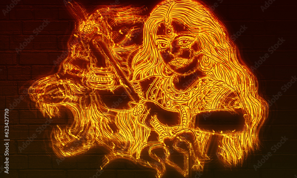 3D neon image, Goddess Durga was created to combat the evil demon ...