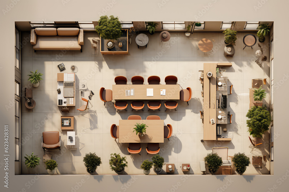 Top view of a visualization of the interior of an office space. 3d ...