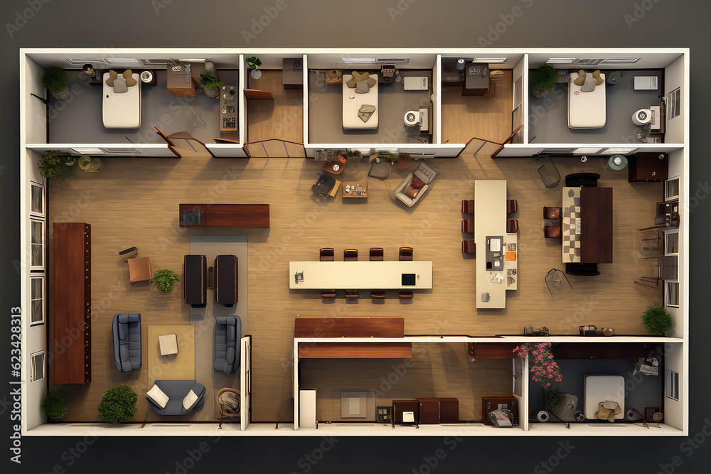 Top view of a visualization of the interior of an office space. 3d ...