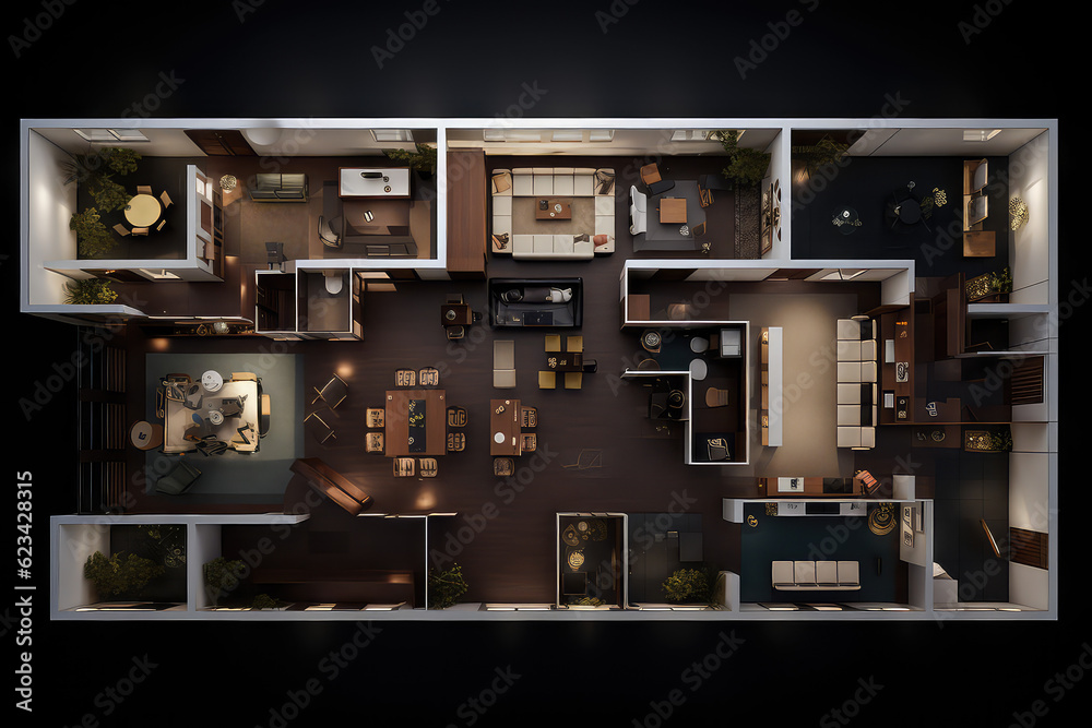 Top view of a visualization of the interior of an office space. 3d ...