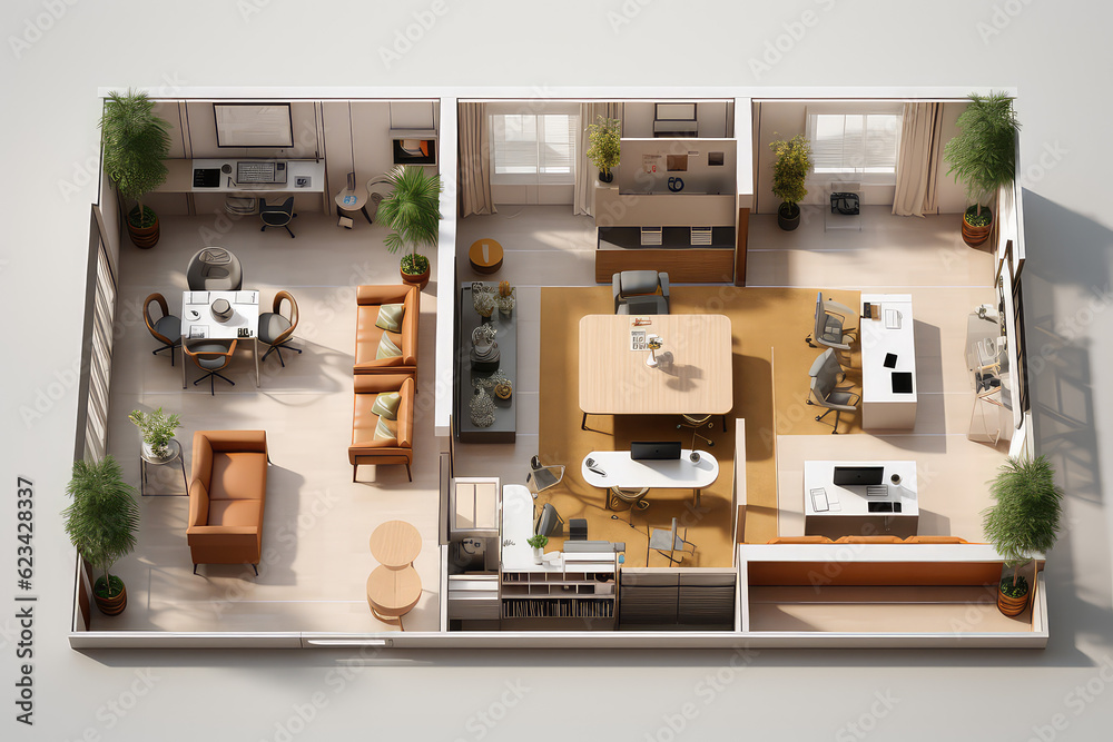 Top view of a visualization of the interior of an office space. 3d ...
