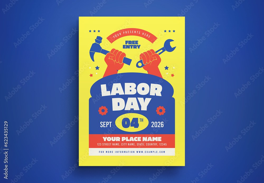 Yellow Flat Design Labor Day Flyer Layout Stock Template | Adobe Stock