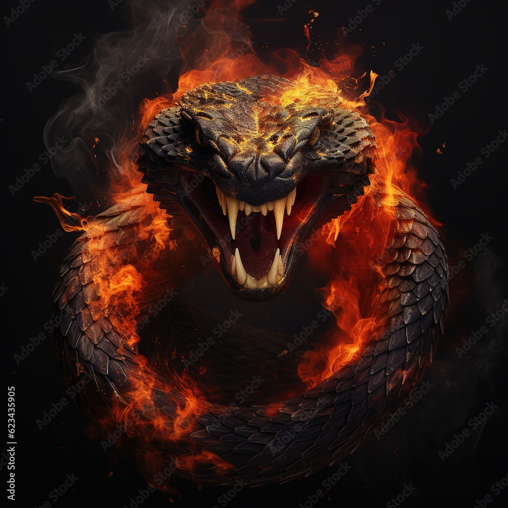 Image of angry snake face and flames on dark background. Reptile ...