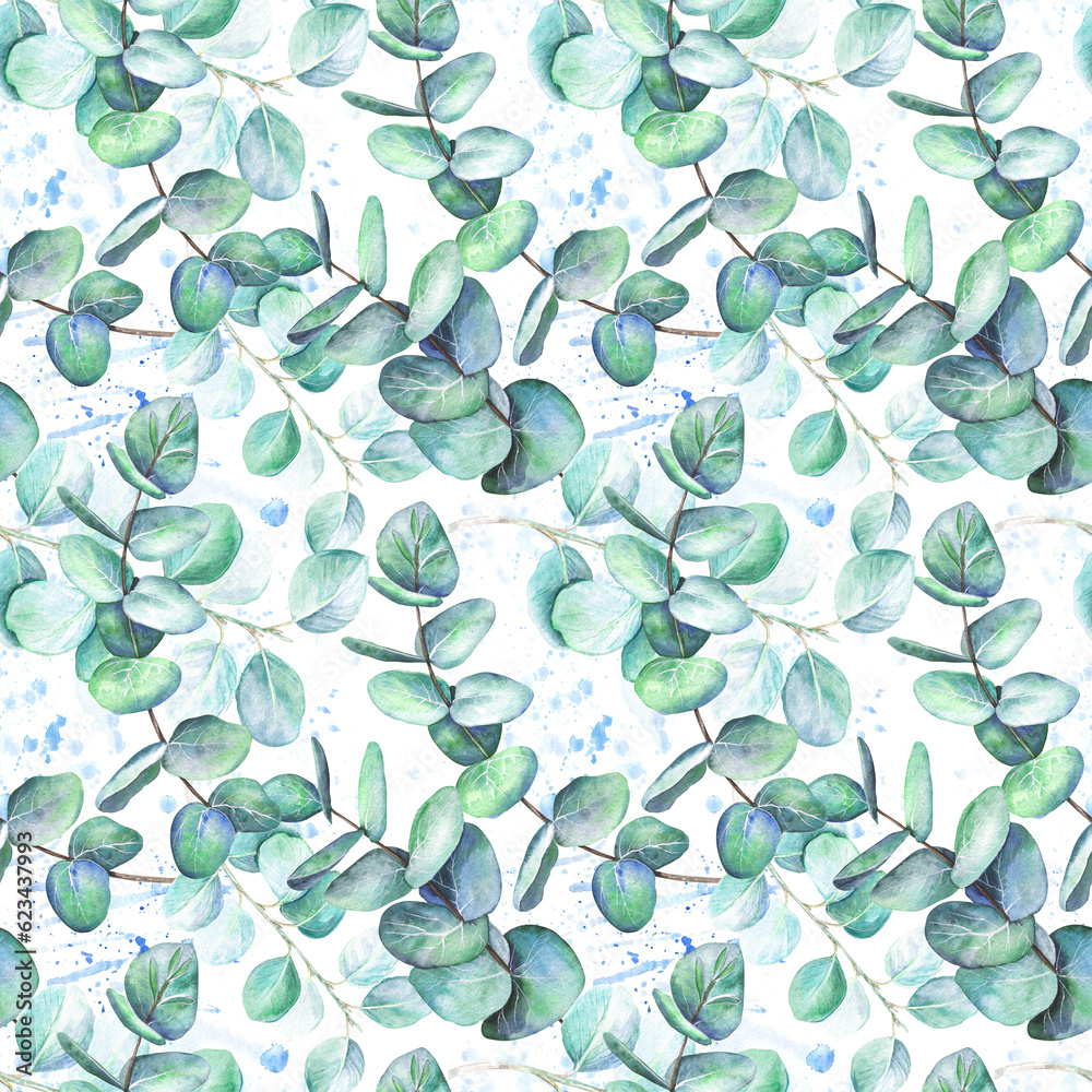 Seamless pattern of leaves of eucalyptus branches with blue gnats ...