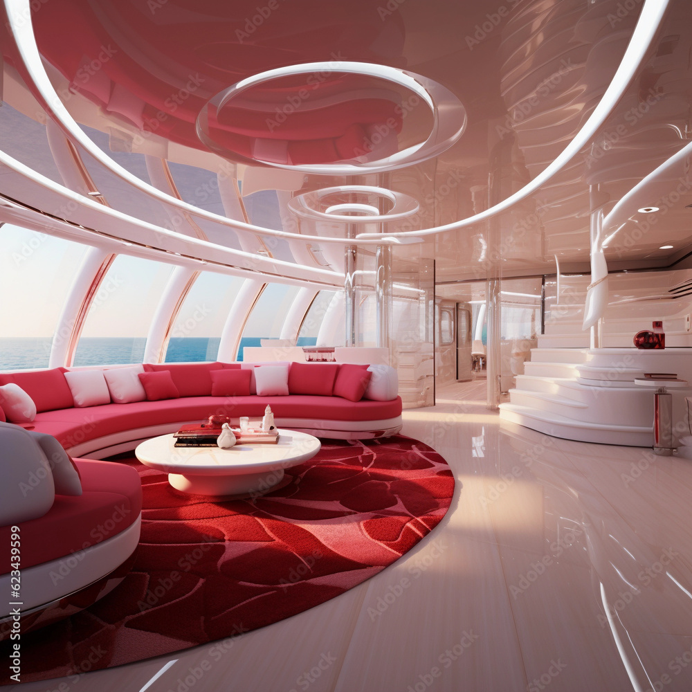 Luxury yacht interior, red color scheme, grand staircase, plush seating ...