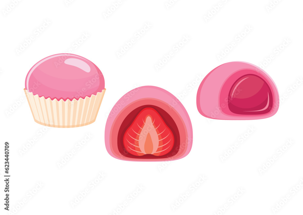 Strawberry mochi rice cake collection vector illustration. Sweet ...