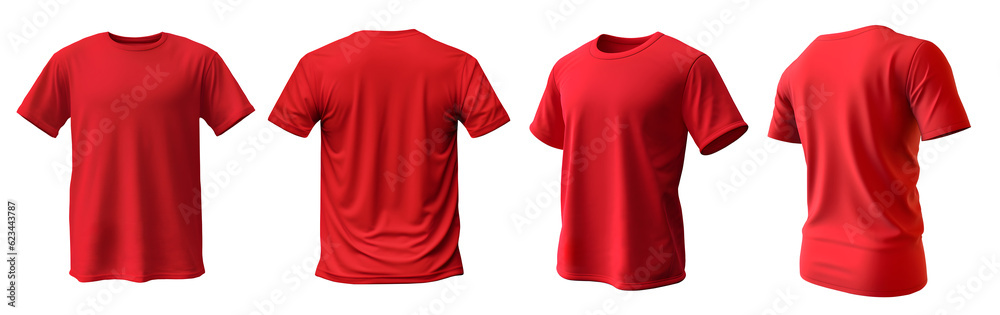 Set of red tee t shirt round neck front, back and side view on ...