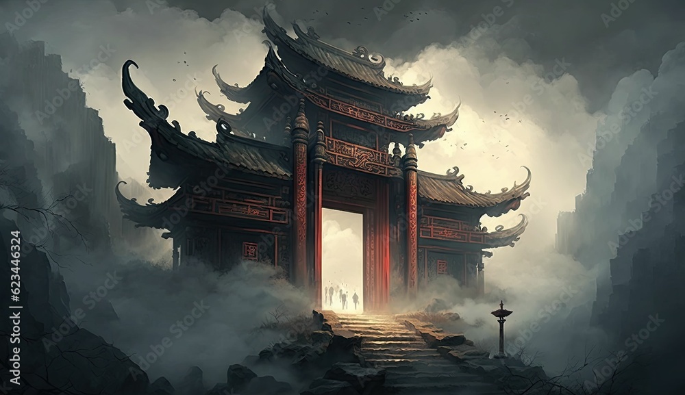 gigantic red hell gate, ancient Chinese mythology the gate to spirit ...