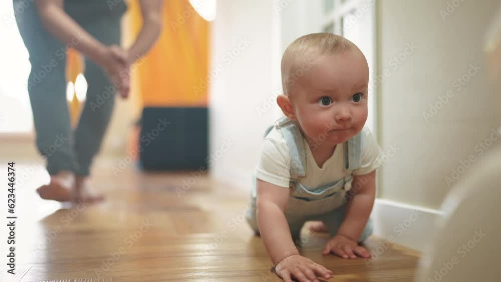 baby crawling first steps. happy family kid dream concept. father ...
