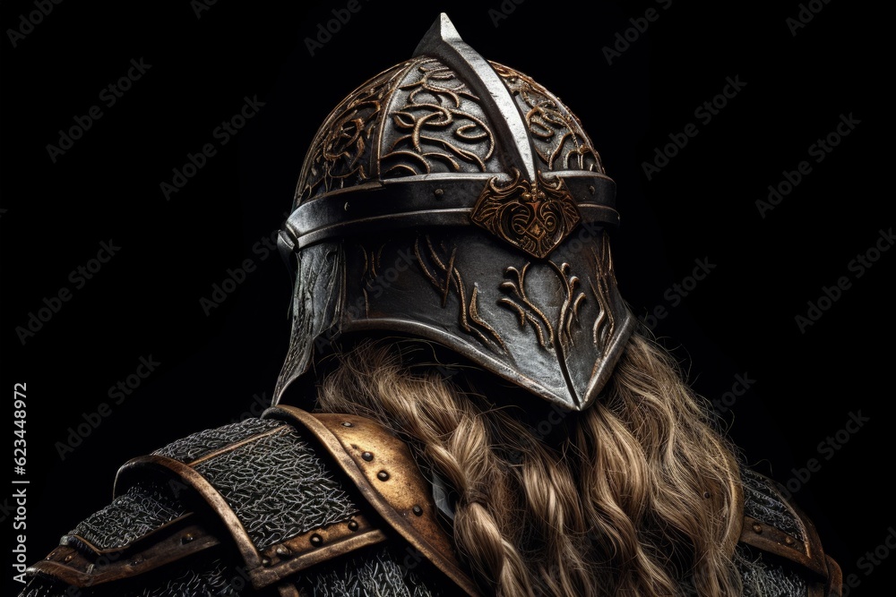 Viking warrior from the back with detailed armor, black background ...