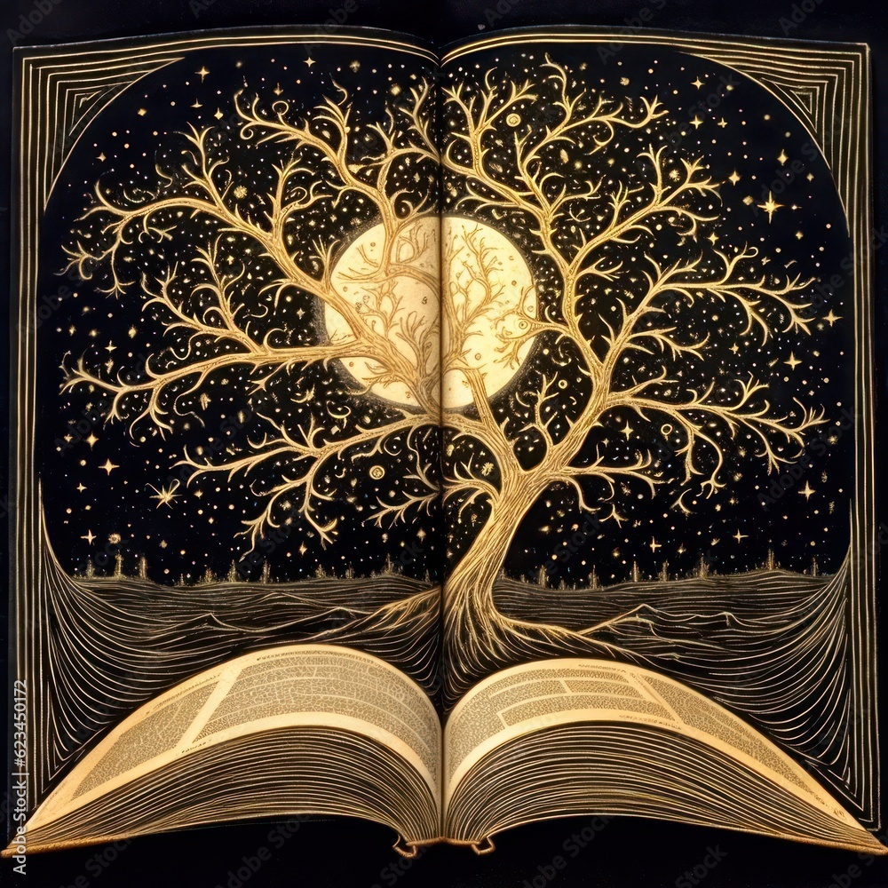 Open book with an illustration of an golden tree in a field at a dark ...