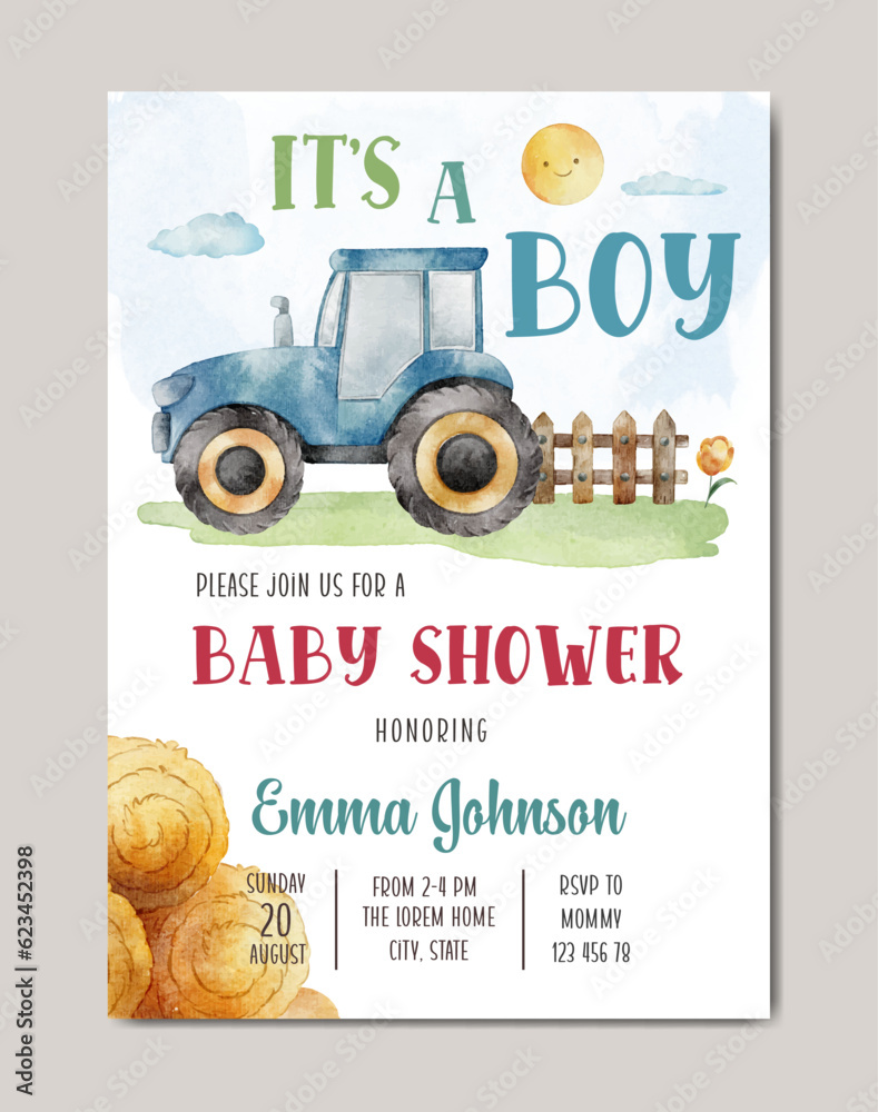 Baby shower invitation card with farm theme watercolor background ...
