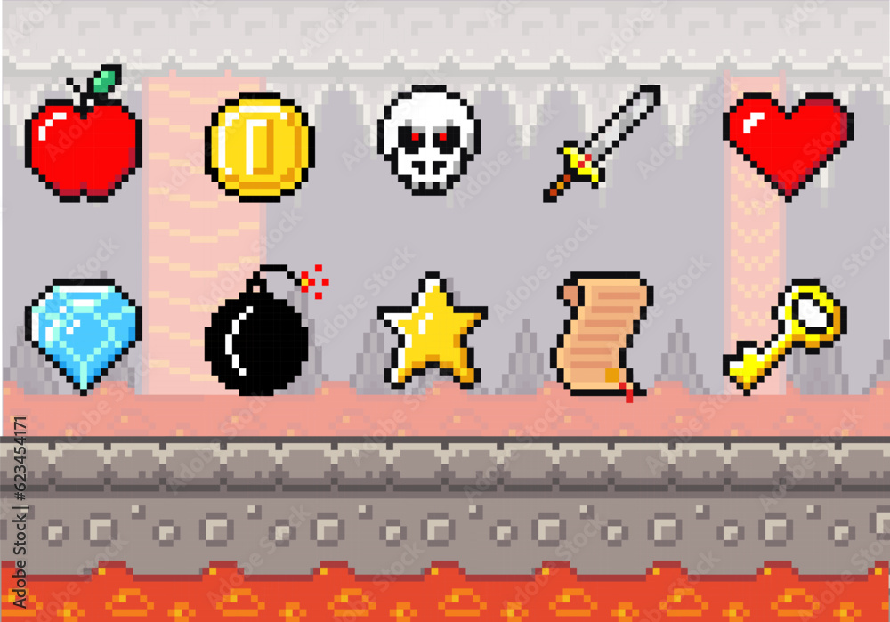 Pixel art game background with reward object in the air. Game scene of ...