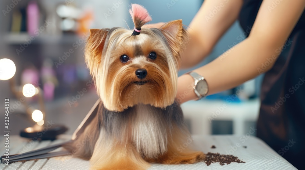 Professional groomer gives cute little dog trandy haircut at zoo salon ...
