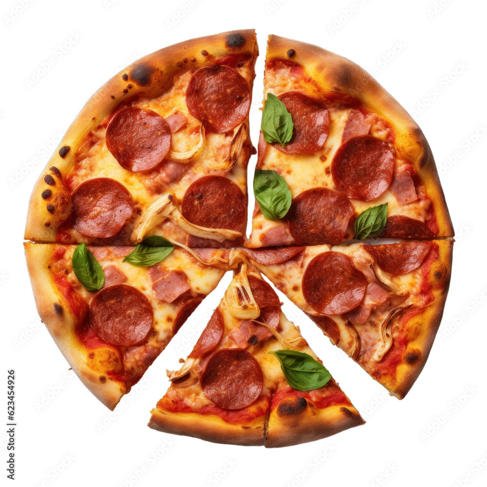 A delicious cut pepperoni pizza seen from above / top view isolated on ...