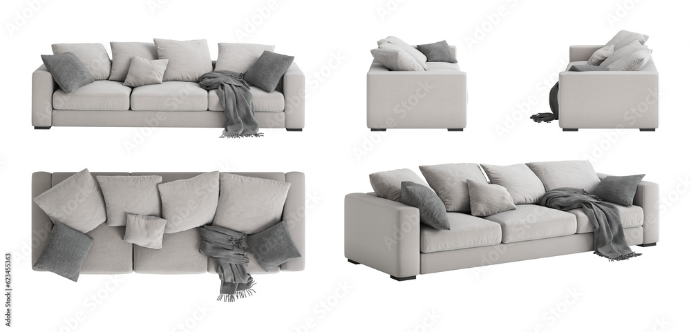 Set of five views of elegant modern three-seater sofa with a light gray ...