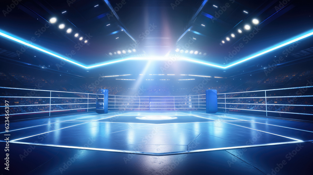 Empty wrestling boxing ring filled with spotlights, competition arena ...
