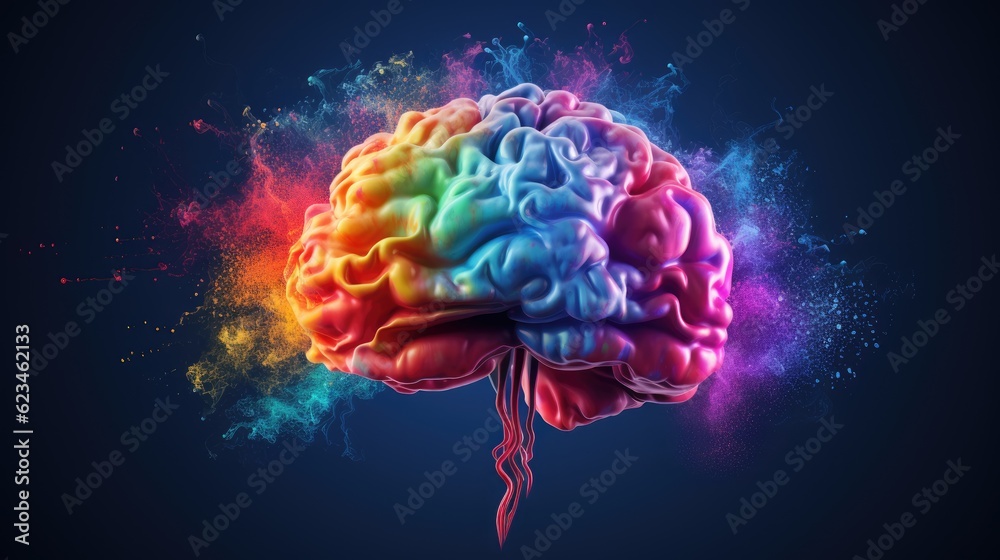 Human brain with multicolored twists close-up on black background ...