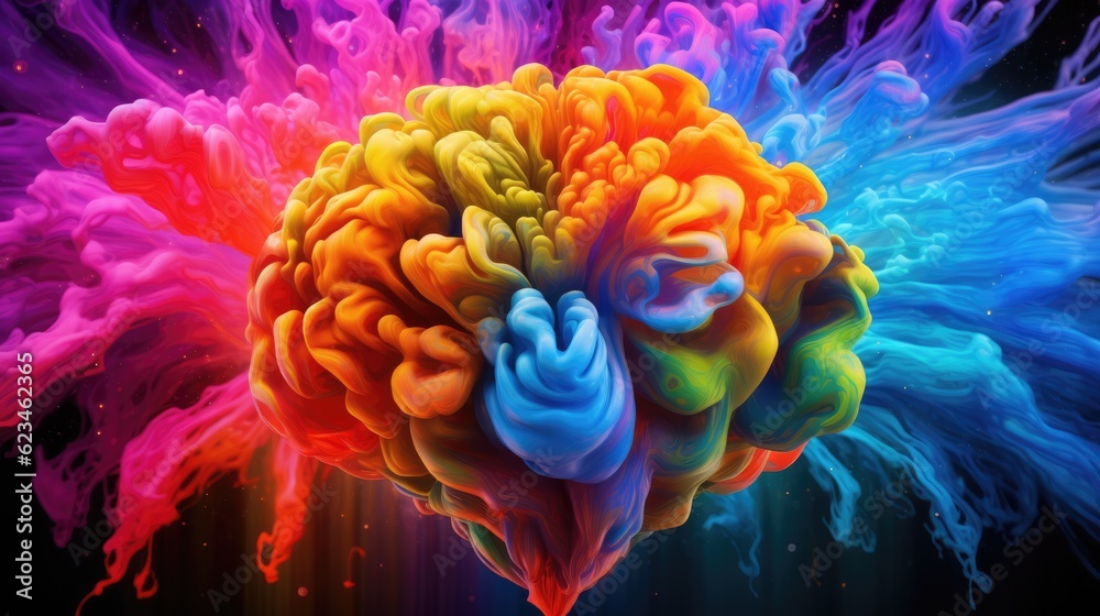 Human brain with multicolored twists close-up on black background ...