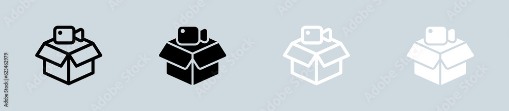 Unboxing video icon set in black and white. Review signs vector ...