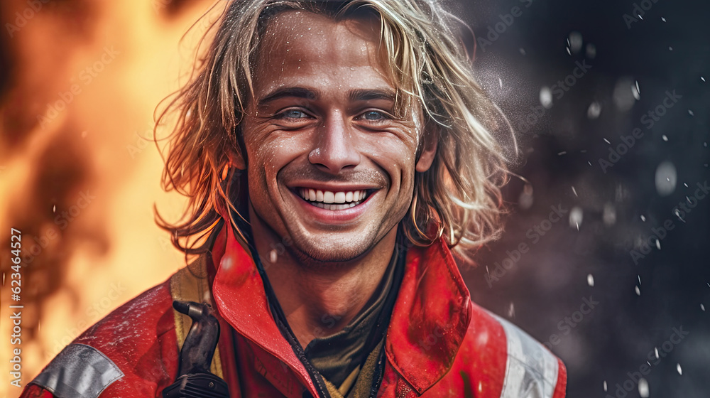 Portrait of a fireman wearing Fire Fighter turnouts and helmet ...