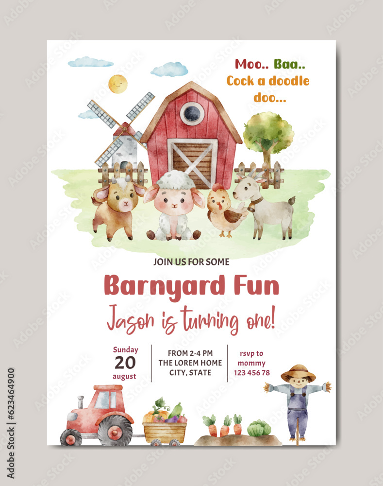 birthday invitation card with farmland theme watercolor background ...