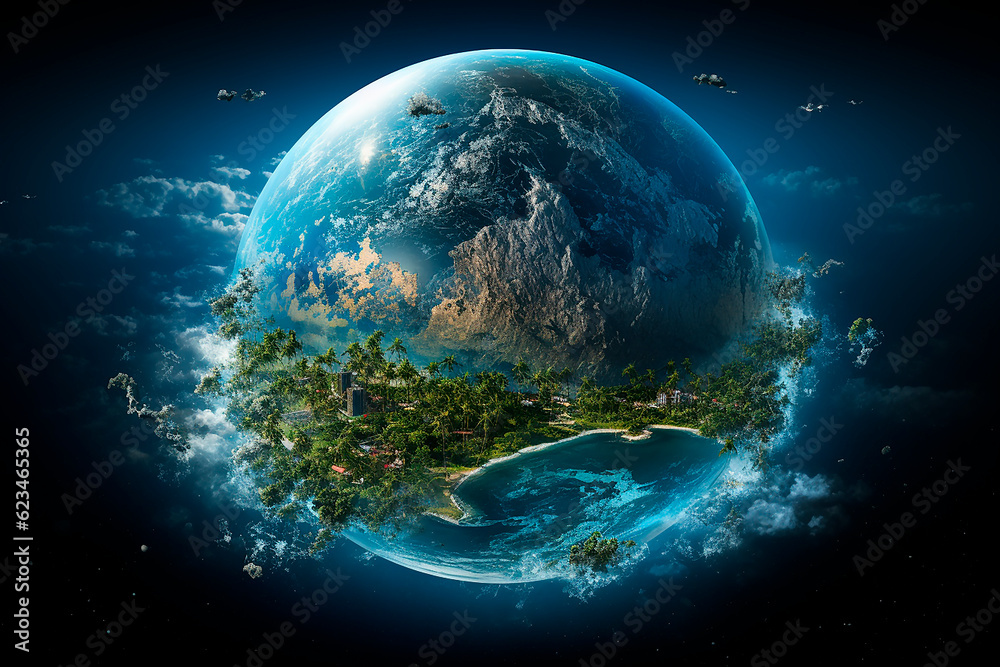 Ocean and rivers visible from space, blue globe, black background ...