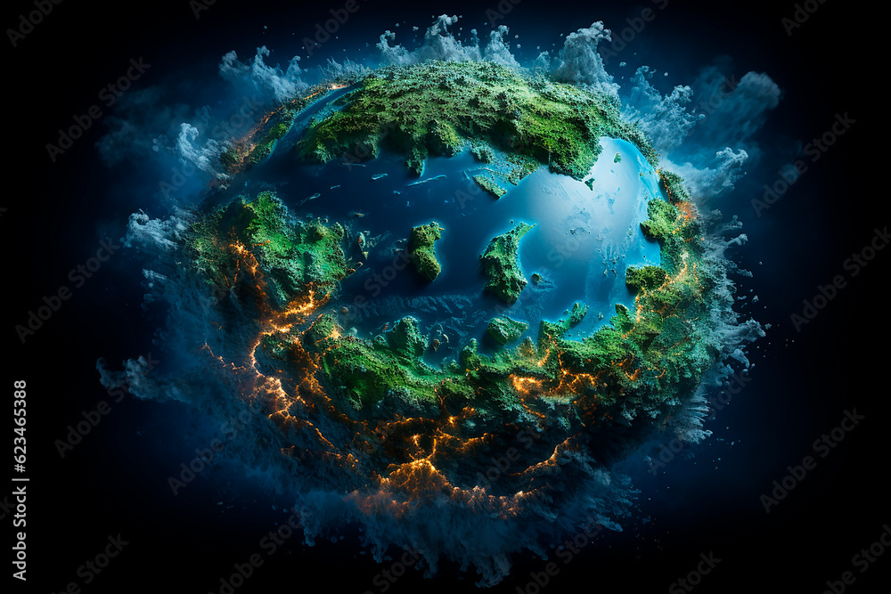 Ocean and rivers visible from space, blue globe, black background ...