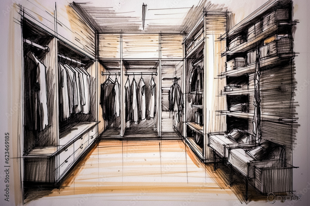 Dessin d'architecte d'intérieur, dressing, rangement des vêtement ...
