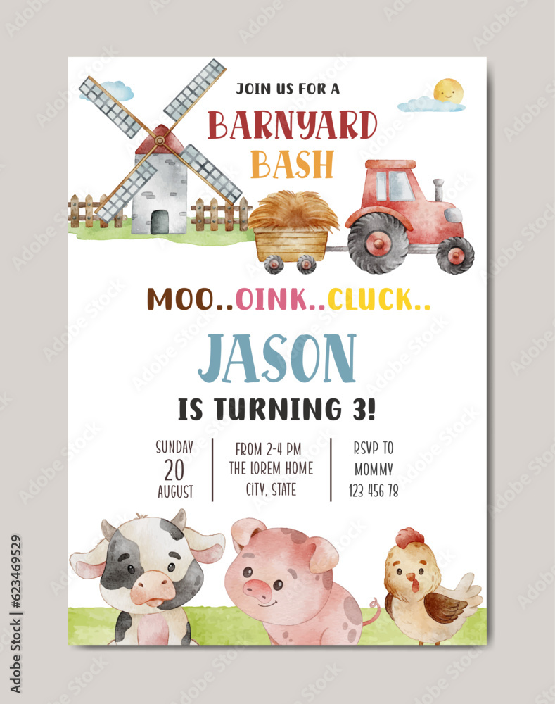 birthday invitation card with farmland theme watercolor background ...